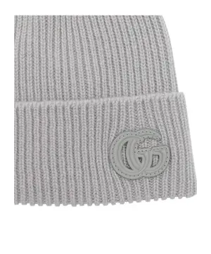 Gucci Cashmere Ribbed Beanie With Gg Patches - Grey