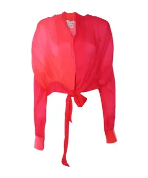 FORTE_FORTE Cropped Sheer Ribbed V-neck Shirt With Front Straps - Red