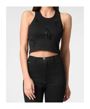 Philipp Plein Fringed Embellished Rib Knit Tank Top - Black