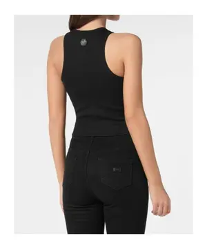 Philipp Plein Fringed Embellished Rib Knit Tank Top - Black