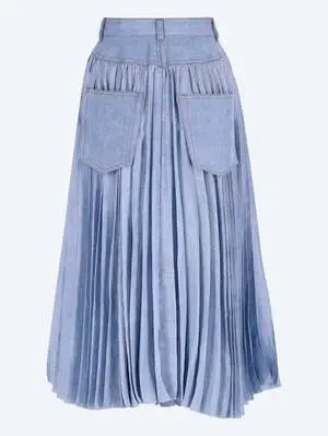 Sacai Pleated Belted Denim Midi Skirt
