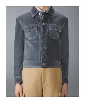 Thom Browne Grey Suede Backstrap Jacket With Signature Grosgrain Loop - Gray