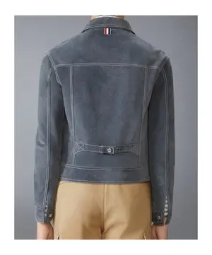 Thom Browne Grey Suede Backstrap Jacket With Signature Grosgrain Loop - Gray