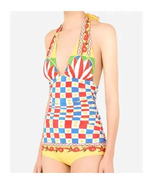 Dolce & Gabbana Carretto-print Halterneck Swimsuit - Multicolor