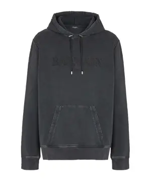 Balmain Logo Embroidered Vintage Drawstring Hoodie - Gray