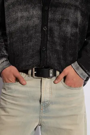 DIESEL® Logo Plaque Leather Belt - Black