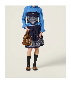 Miu Miu Navy Printed Poplin Flared Skirt With Lace Trim
