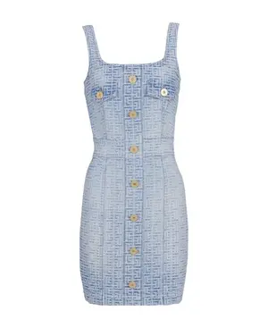 Balmain Monogram Debossed Square Neck Denim Mini Dress