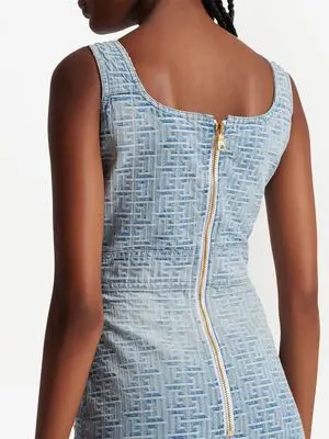 Balmain Monogram Debossed Square Neck Denim Mini Dress