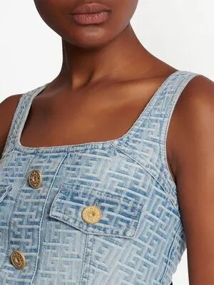 Balmain Monogram Debossed Square Neck Denim Mini Dress