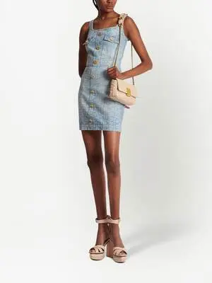 Balmain Monogram Debossed Square Neck Denim Mini Dress