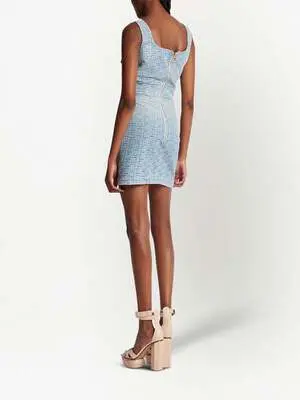 Balmain Monogram Debossed Square Neck Denim Mini Dress