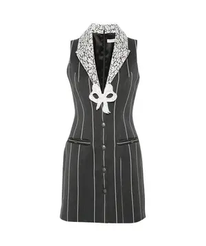 Alessandra Rich Sleeveless Pin-stripe Dress With Lace Lapels And Bow Detail - Black