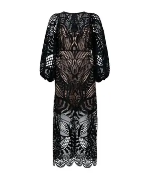 Farm Rio Guipure Lace Midi Dress With Puff Sleeves