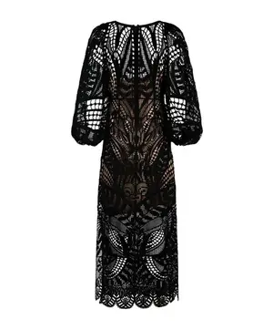 Farm Rio Guipure Lace Midi Dress With Puff Sleeves