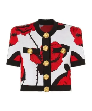 Balmain Red Roses Jacquard Knit Cardigan - Black