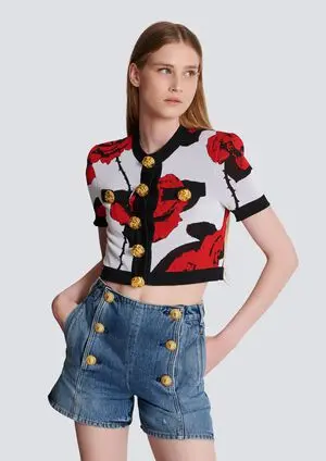 Balmain Red Roses Jacquard Knit Cardigan