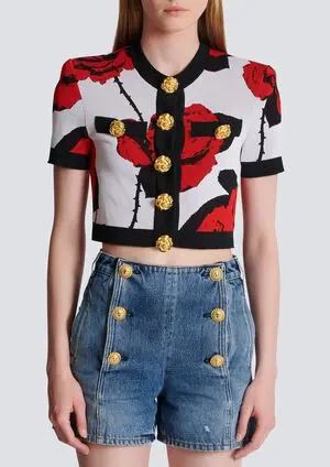 Balmain Red Roses Jacquard Knit Cardigan