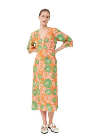 GANNI V-neck Midi Dress With Loose Sleeves And Floral Print