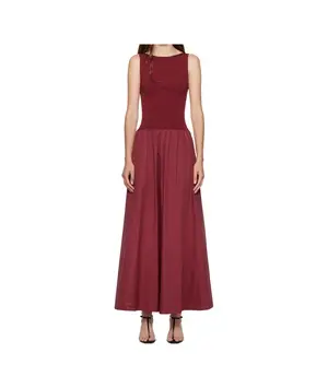 ST. AGNI Ribbed Sleeveless Boatneck Dress With Pleated Waist And Slit