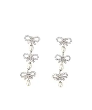 SELF-PORTRAIT Crystal And Faux Pearl Bow Drop Earrings - Silver