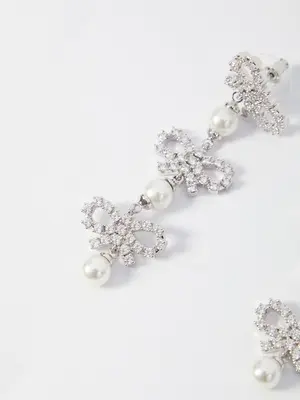 SELF-PORTRAIT Crystal And Faux Pearl Bow Drop Earrings - Silver
