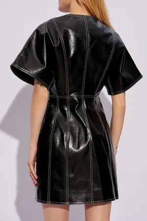 GANNI Faux Leather V-neck Button-up Dress With Contrast Stitching
