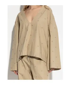 Attico Embroidered V-neck Blouse - Beige