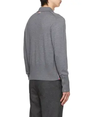 Thom Browne 4-bar Long-sleeved Knitted Polo Shirt - Medium Gray