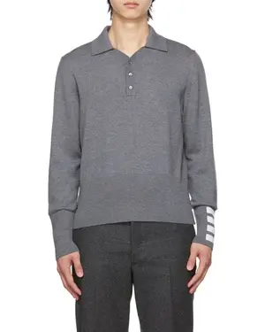 Thom Browne 4-bar Long-sleeved Knitted Polo Shirt - Medium Gray