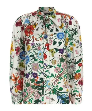 Gucci Flora Print Bow Neck Long Sleeve Shirt - Multicolour