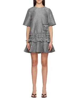 GANNI Checked Mini Dress With Ruffled Hem
