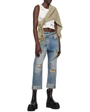 R13 Distressed Cropped Tank Top With Cut-out Details - Black