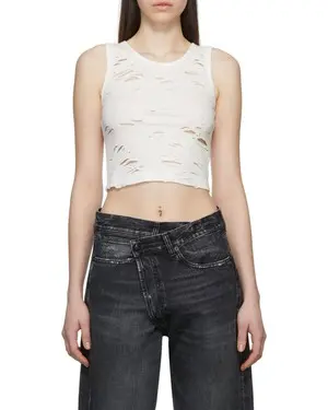 R13 Distressed Cropped Tank Top With Cut-out Details - No