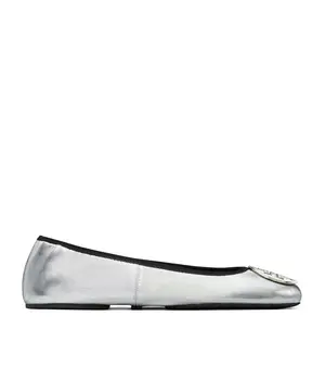 Tory Burch Reva Ballet Flats With Metal Logo Detail - Silver/silver