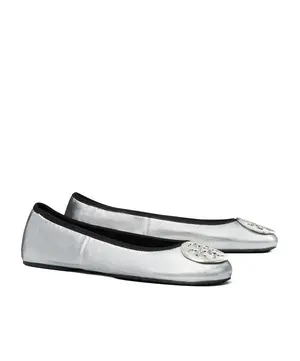 Tory Burch Reva Ballet Flats With Metal Logo Detail - Silver/silver