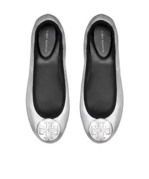 Tory Burch Reva Ballet Flats With Metal Logo Detail - Silver/silver