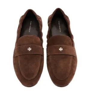 Tory Burch Suede Ballet Loafers With Gold Emblem - Brown