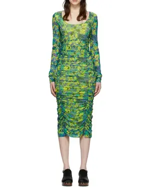 GANNI Sulphur Spring Ruched Mesh Dress