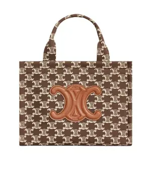 Celine Small Cabas Thais In Textile With Triomphe Canvas Print And Calfskin - Brown