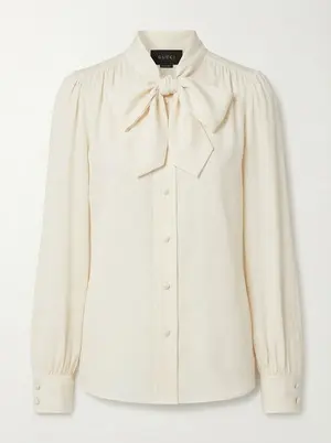 Gucci Crêpe Satin Interlocking G Shirt With Self-tie Bow - White