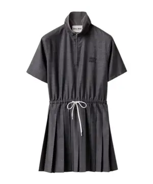Miu Miu Prince Of Wales Pleated Short Dress - Slate Grey