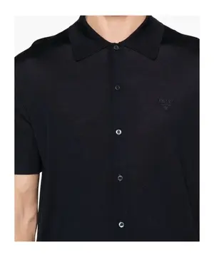 Prada Logo-embroidered Short-sleeved Knitted Shirt - Blue