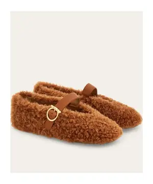 FERRAGAMO Shearling Buckled Ballet Flats - Cedar