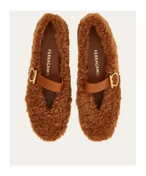 FERRAGAMO Shearling Buckled Ballet Flats - Cedar