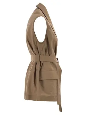 Brunello Cucinelli Sleeveless Belted Waistcoat With Pointed Collar - Brown