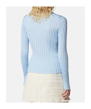 Versace Ribbed Knit Crewneck Top With Long Sleeves - Blue