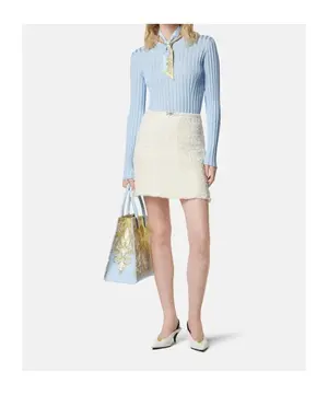 Versace Ribbed Knit Crewneck Top With Long Sleeves - Blue