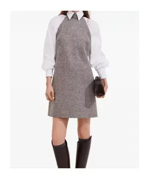 Brunello Cucinelli Sleeveless Herringbone Tweed High Collar Dress