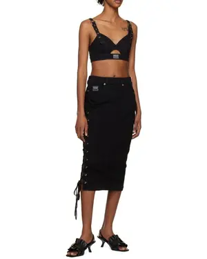 Versace Lace-up Detailed Midi Denim Skirt